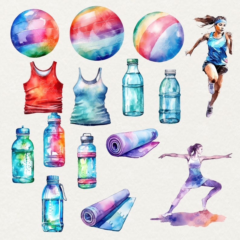 Watercolor Fitness Clipart Bundle: Sport & Gym Graphics (65 PNG ...