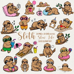 Sloth Clipart Bundle, Cute Sloth Png, Sloth Svg Vector, Cute Animal ...