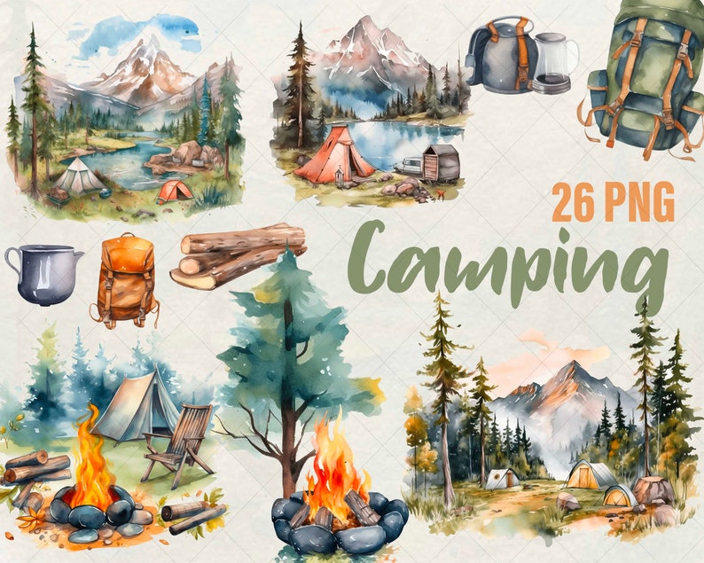 Watercolor Camping Clipart Outdoor Camp Bonfire Backpack - Etsy