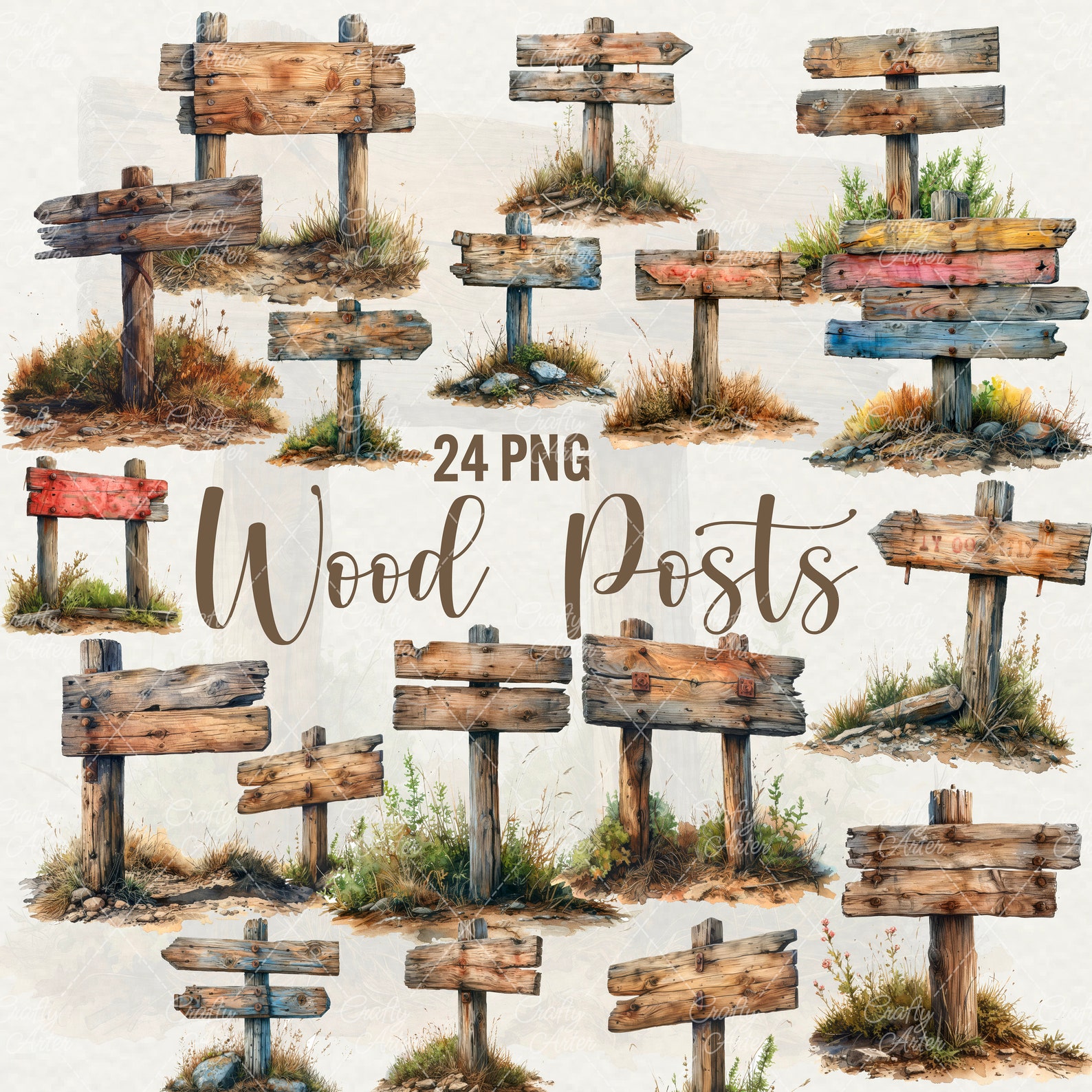 Watercolor Rustic Wood Sign Clipart: 24 PNG Graphics (digital Download ...