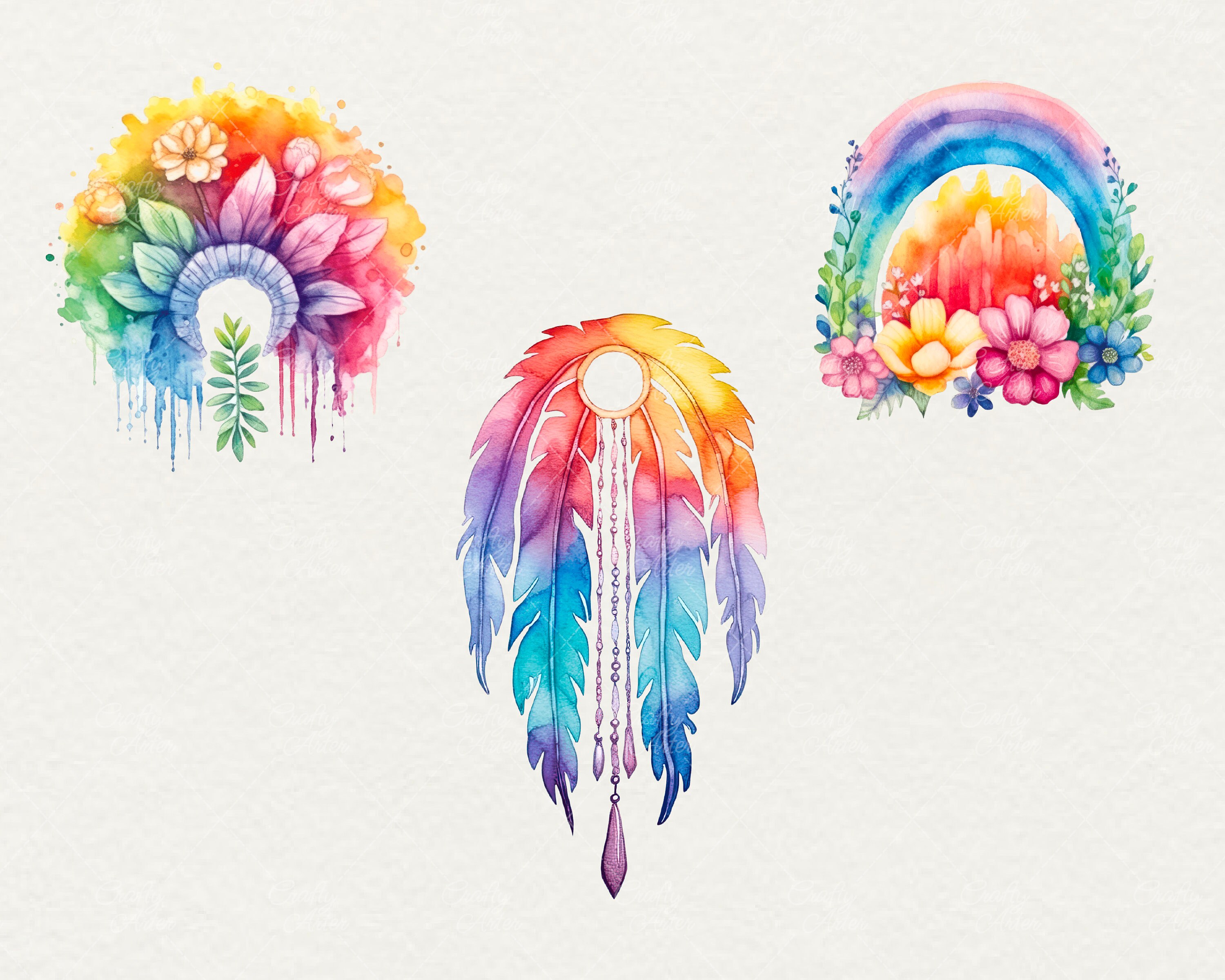 Watercolor Boho Rainbow Clipart: Bright PNG Graphics (commercial Use ...
