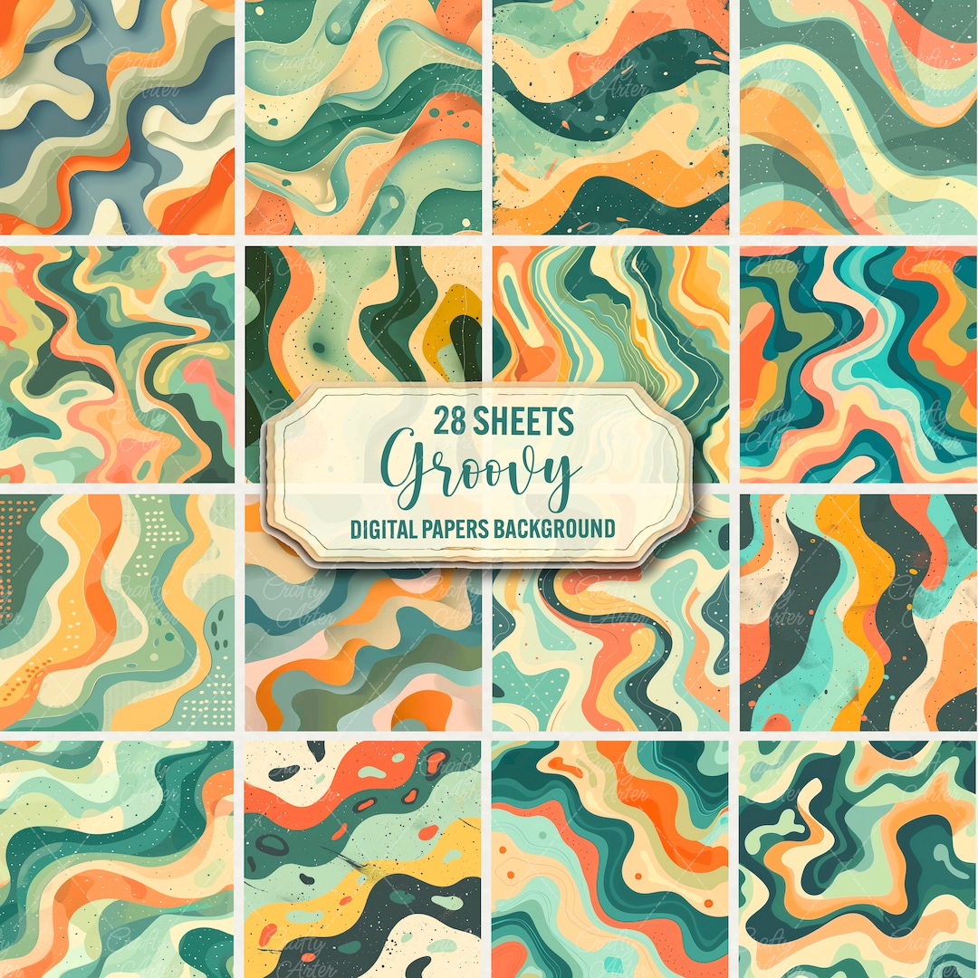 Retro Groovy Waves Digital Paper Pack: 28 Vibrant Scrapbooking ...