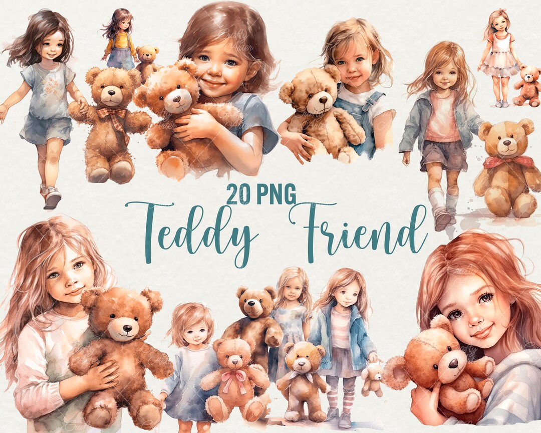 Watercolor Girl Teddy Clipart, 20 PNG Teddy Bear Clipart, Hugs Friend ...