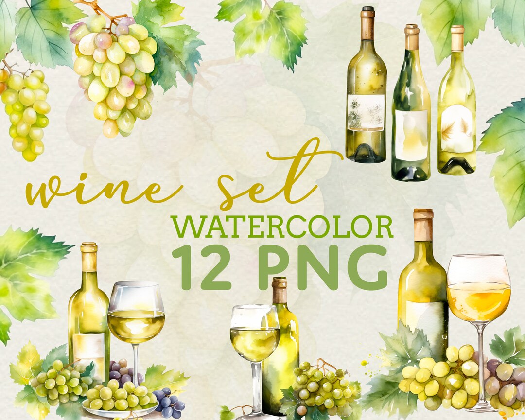 White Wine Watercolor Set 12 Png, White Grape and Wine Bottle Clipart ...