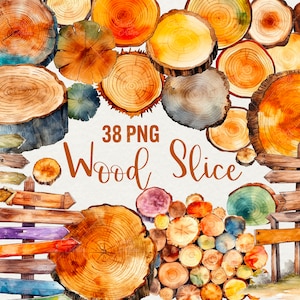 Watercolor Wood Slice Clipart, 38 PNG Wood Clipart, Watercolor Wooden ...