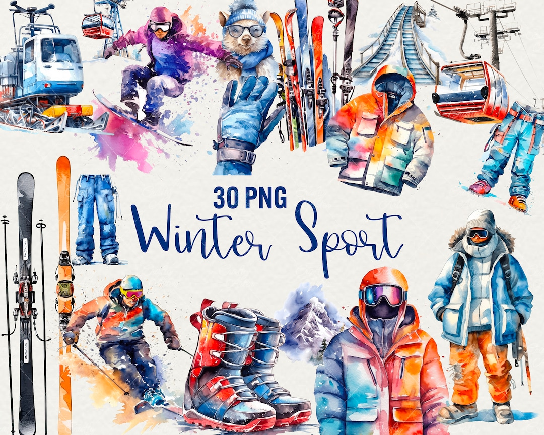 Watercolor Winter Sport Clipart, 30 Png Snowboard Clipart, Ski Nature ...
