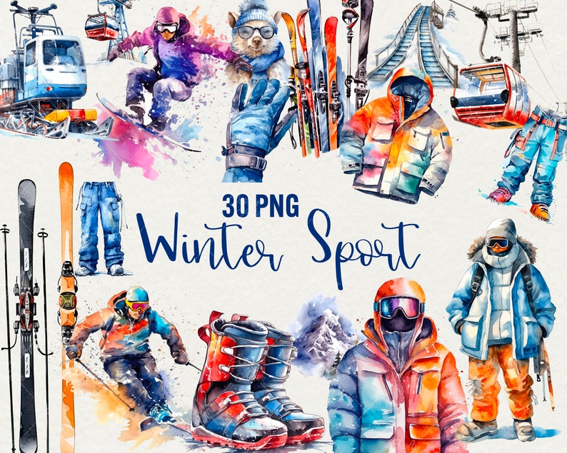 Watercolor Winter Sports Clipart: Ski & Snowboard PNG Set (30 Images ...