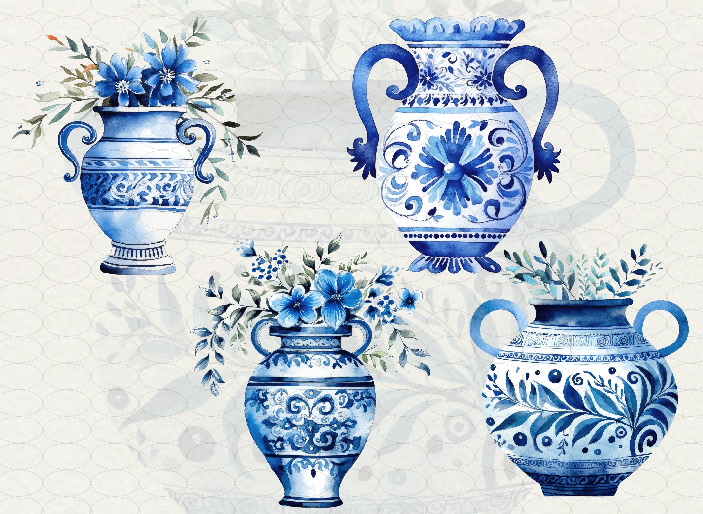 Blue Greece Vase Clipart: Antique Watercolor Vases (20 PNG) Commercial ...