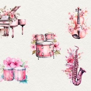 Watercolor Musical Instruments Clipart, Floral Music Clip Art, Pink ...