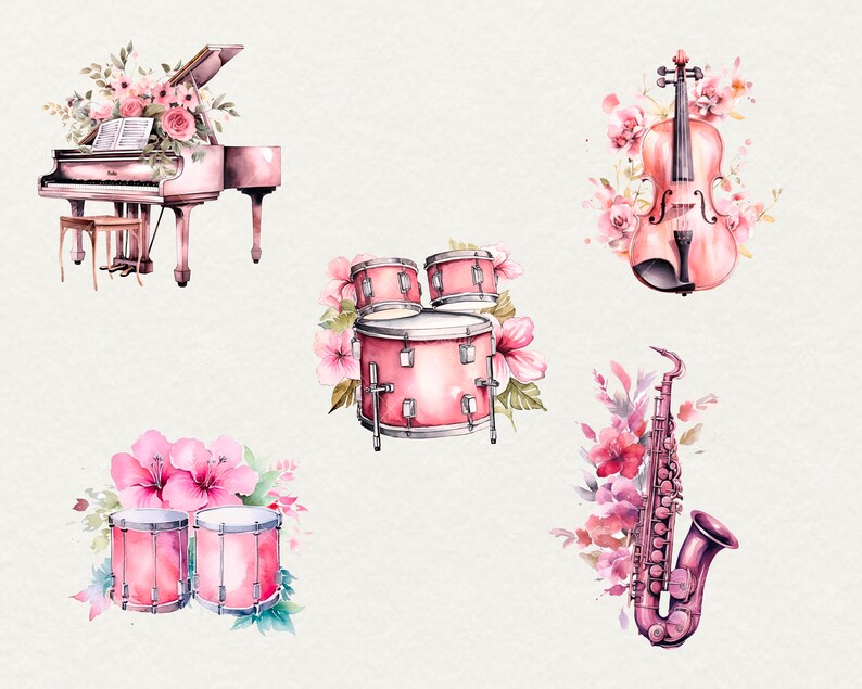 Watercolor Floral Musical Instruments Clipart (28 PNG) - Etsy