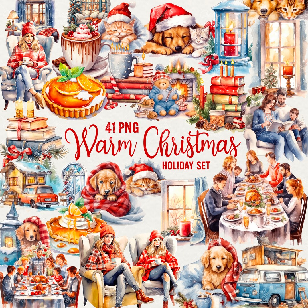 Warm Christmas Clipart, 41 PNG Watercolor Christmas Illustration ...