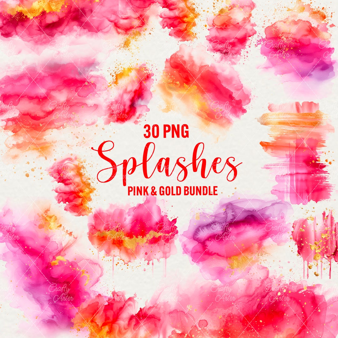 Watercolor Pink Gold Splashes Clipart, 30 Png Chic Pink Splash, Paint ...
