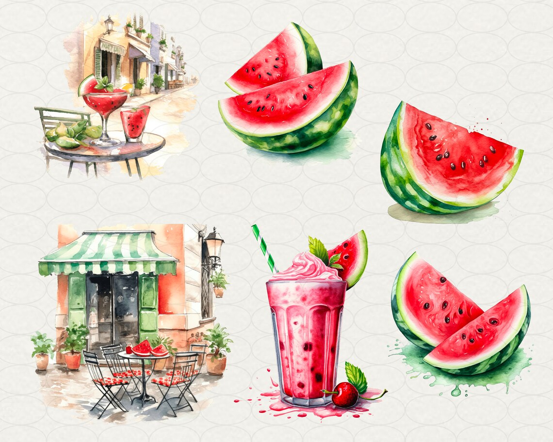 Watercolor Watermelon Clipart: 41 PNG Summer Fruit Graphics (commercial ...