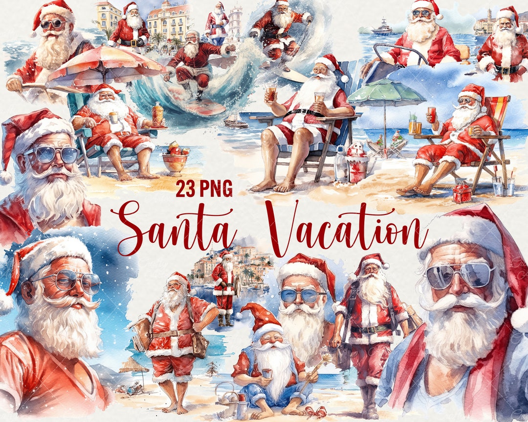 Watercolor Santa Vacation Clipart, 23 Png Christmas Clipart Winter ...