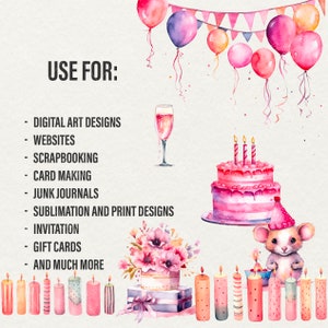Watercolor Pink Birthday Clipart, Birthday Party PNG, Cake Champagne ...