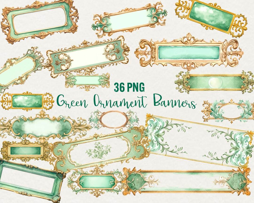 Watercolor Vintage Banners Clipart, 36 PNG Watercolor Vintage Gold ...