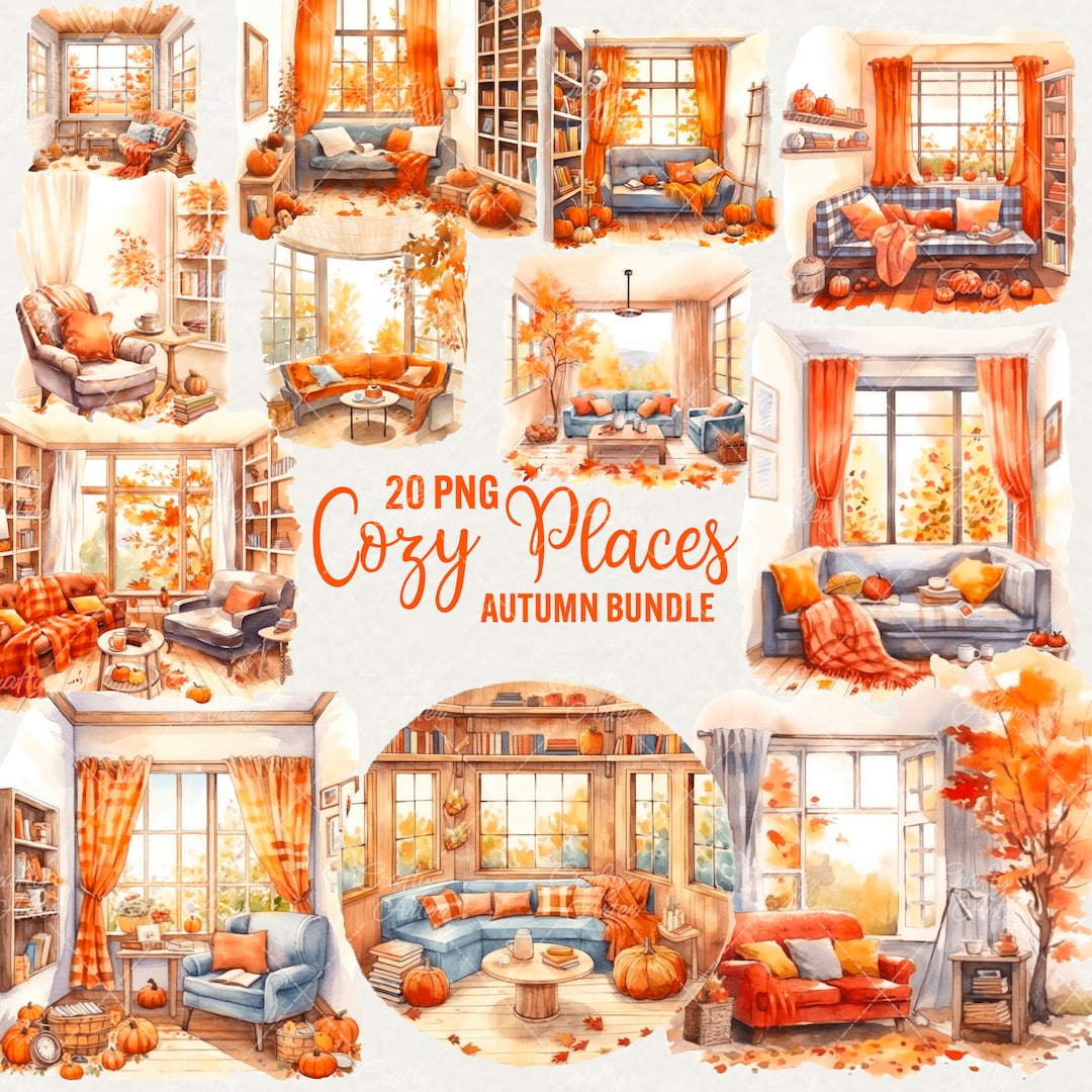 Watercolor Cozy Place Clipart, 20 PNG Watercolor Autumn Illustration ...