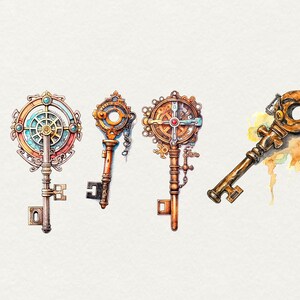 Steampunk Keys Clipart 20 PNG Fantasy Clipart Steampunk Key Watercolor ...