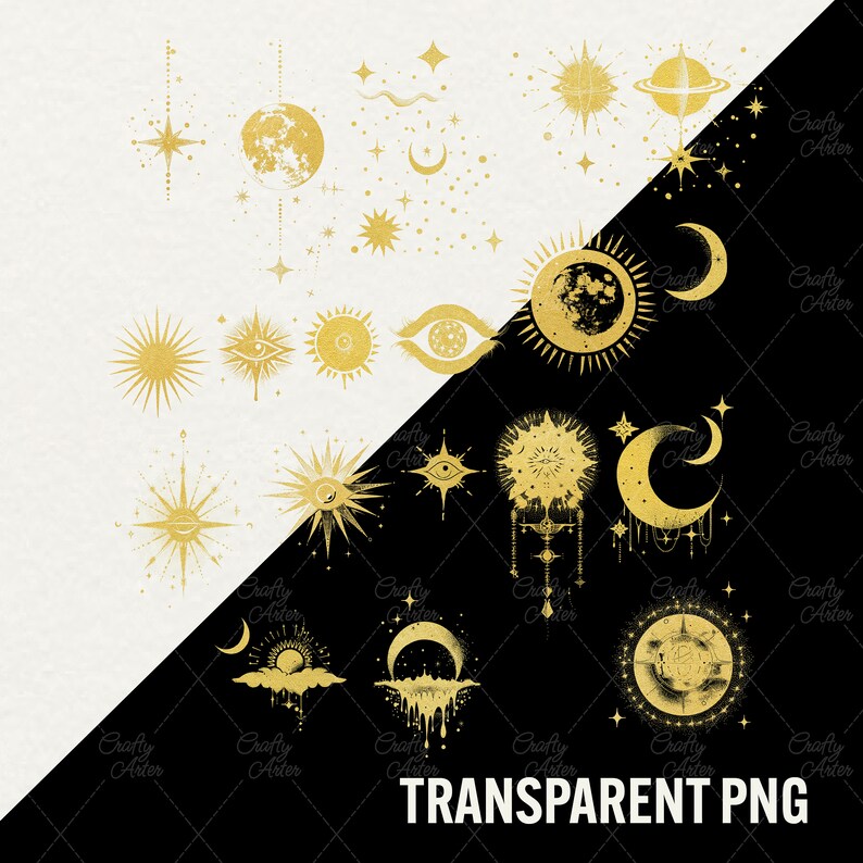 Gold Celestial Clipart: Moon, Sun, Stars - 66 PNG Elements (commercial ...