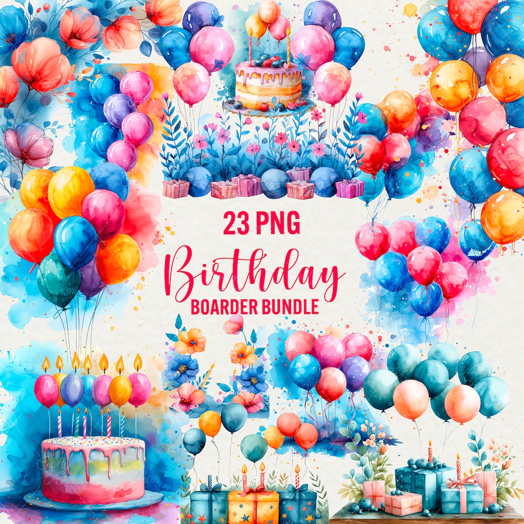 Watercolor Birthday Borders Clipart: 23 PNG Party Designs (commercial ...