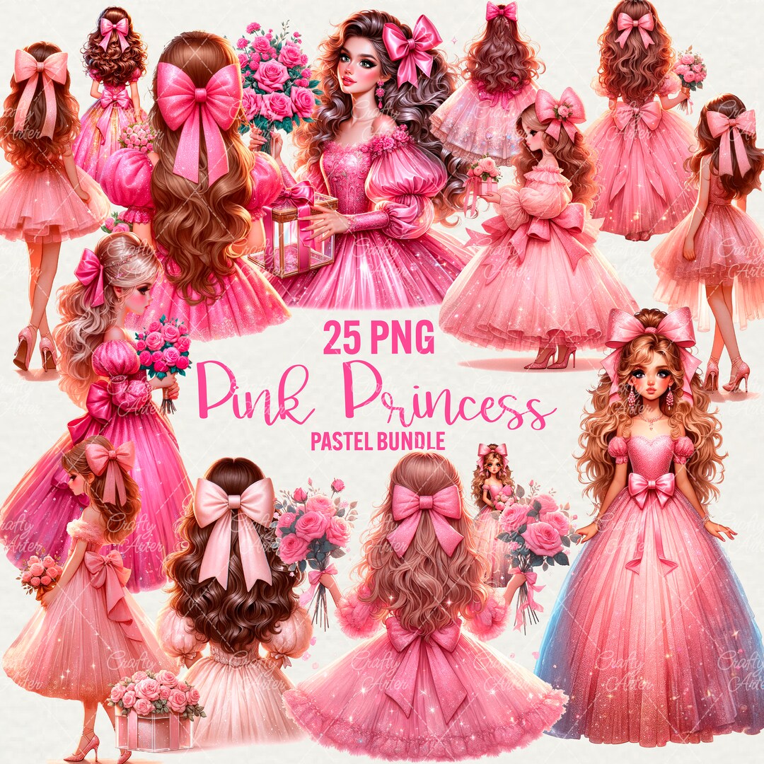 Watercolor Pink Princess Clipart, 25 PNG Lady Pink Dress, Fairy Tale ...