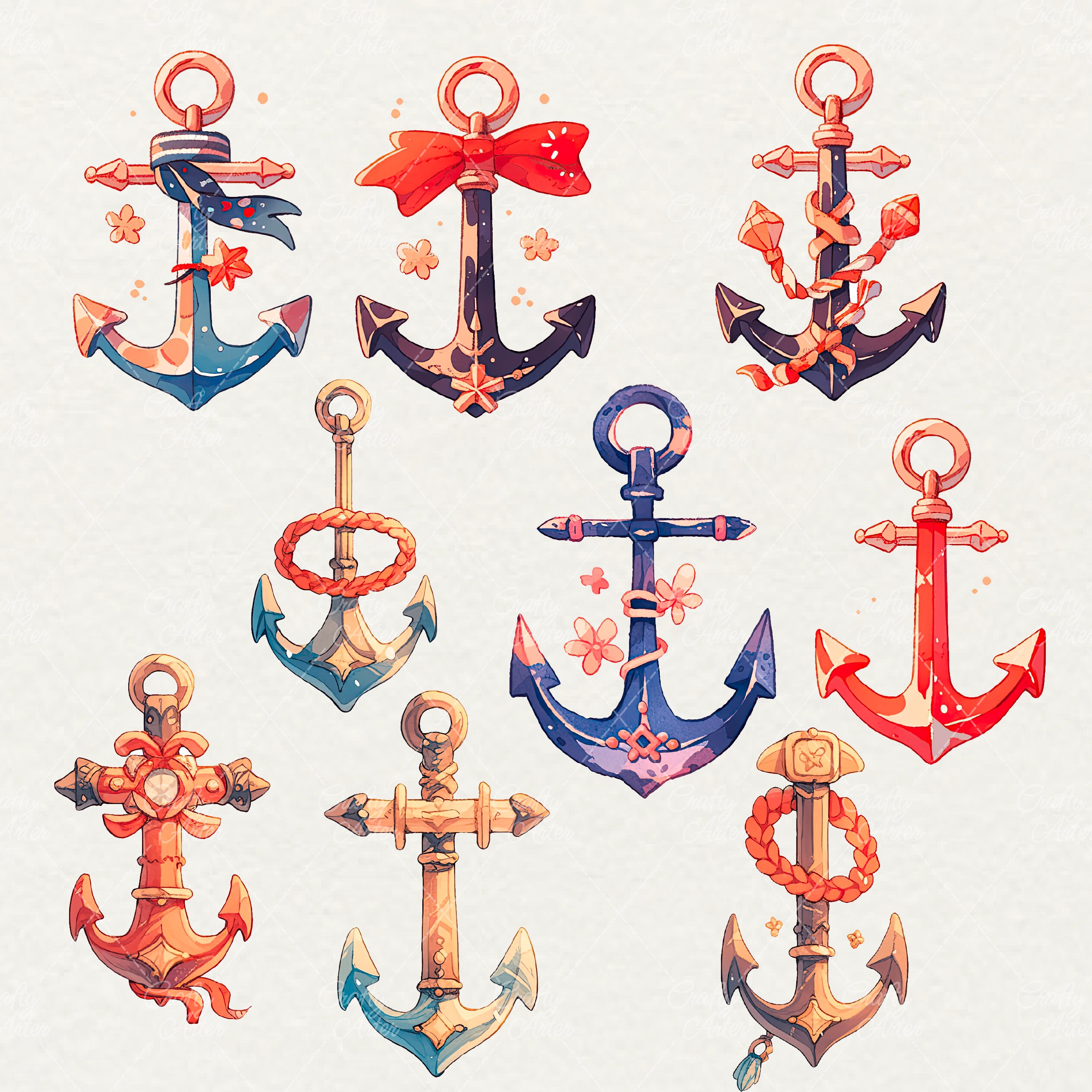 Watercolor Anchor Clipart: 49 PNG Nautical Illustrations (commercial ...