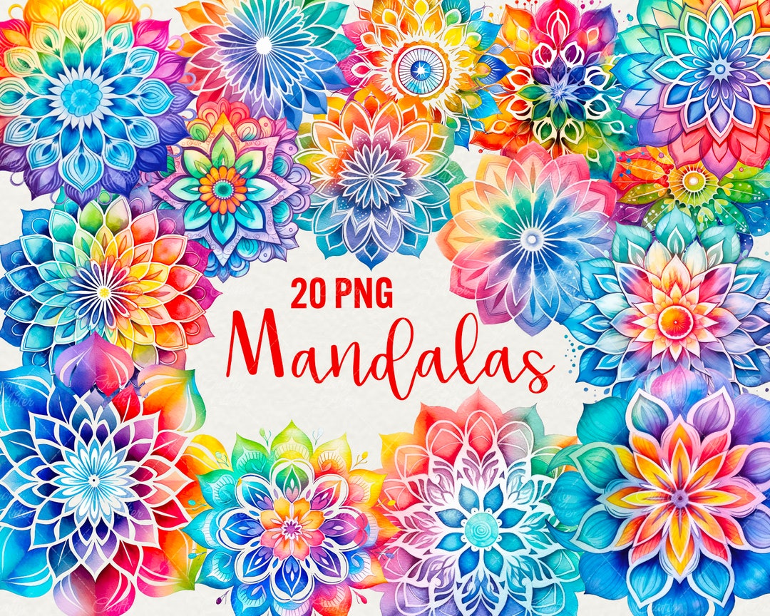 Watercolor Mandala Clipart, 20 Png Rainbow Mandalas Clipart, Holistic ...