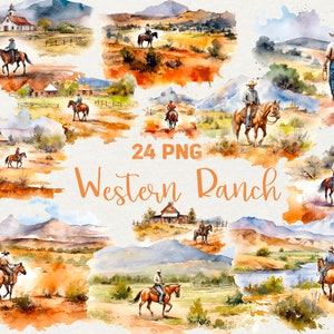 Watercolor Western Ranch Clipart: Cowboy Illustrations (24 PNG ...