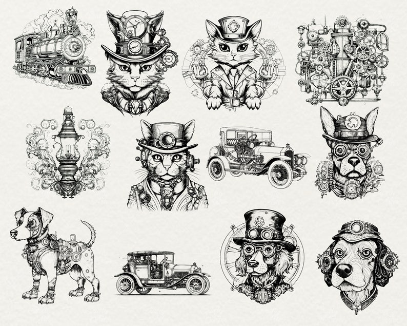 Steampunk Clipart 70 PNG Fantasy Clipart Steampunk Line Drawn - Etsy