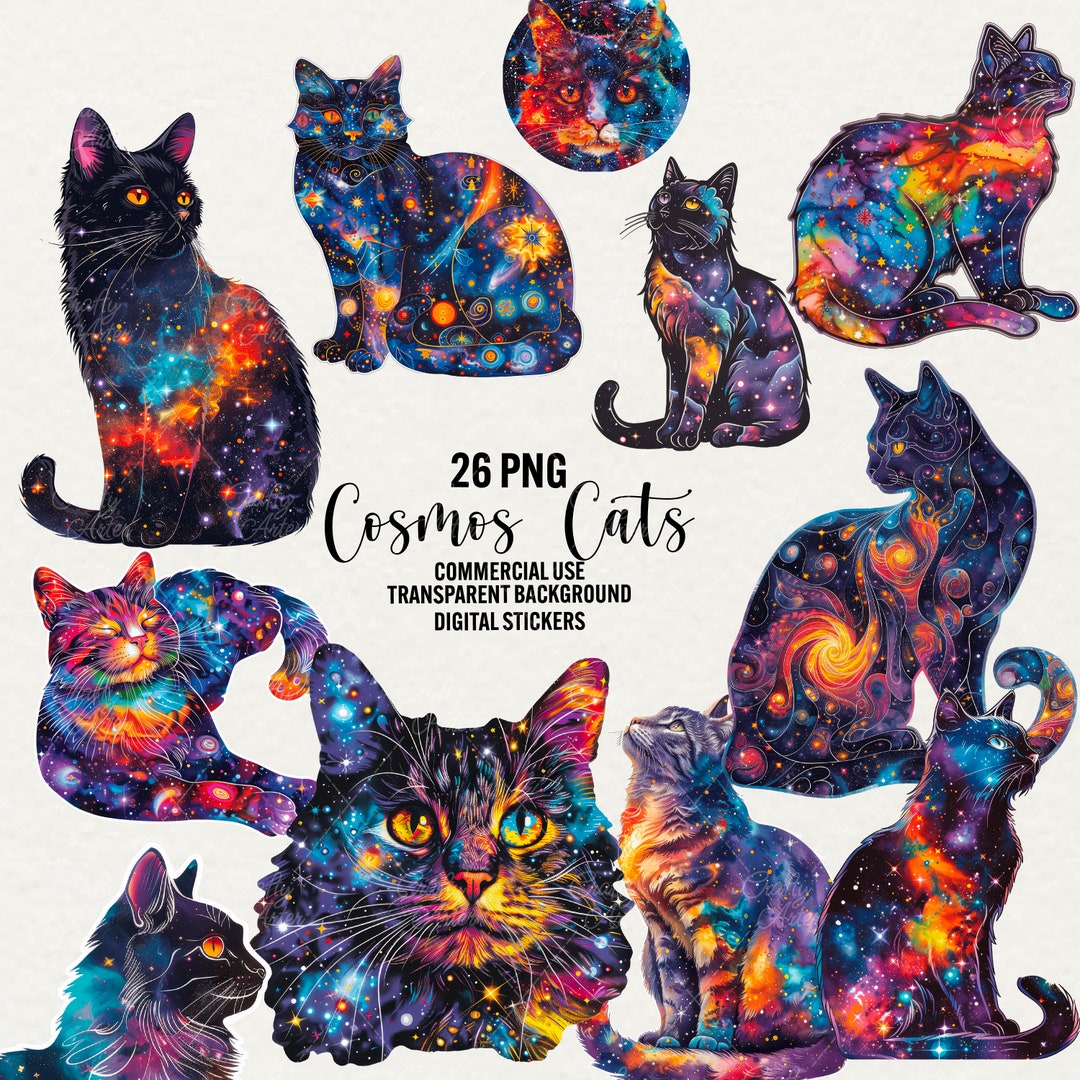 Watercolor Cosmic Cats Clipart, 26 Png Celestial Cute Cats, Fantasy ...
