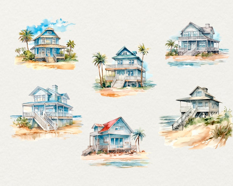 Watercolor Beach House Clipart: Tropical Island PNG (commercial Use) - Etsy