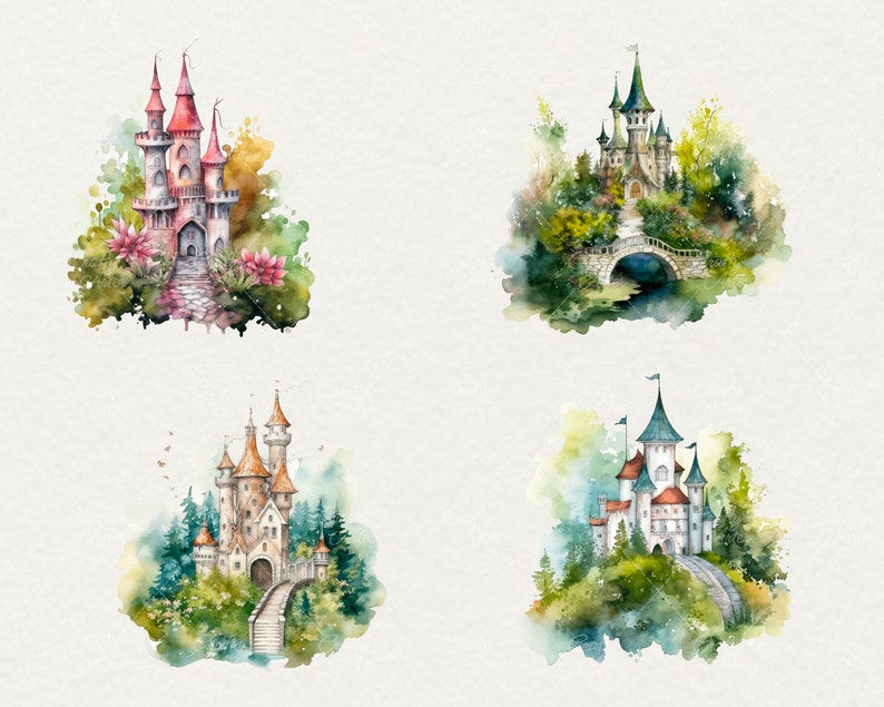 Watercolor Fantasy Forest Clipart: Fairy Castle, Green Garden (27 PNG ...