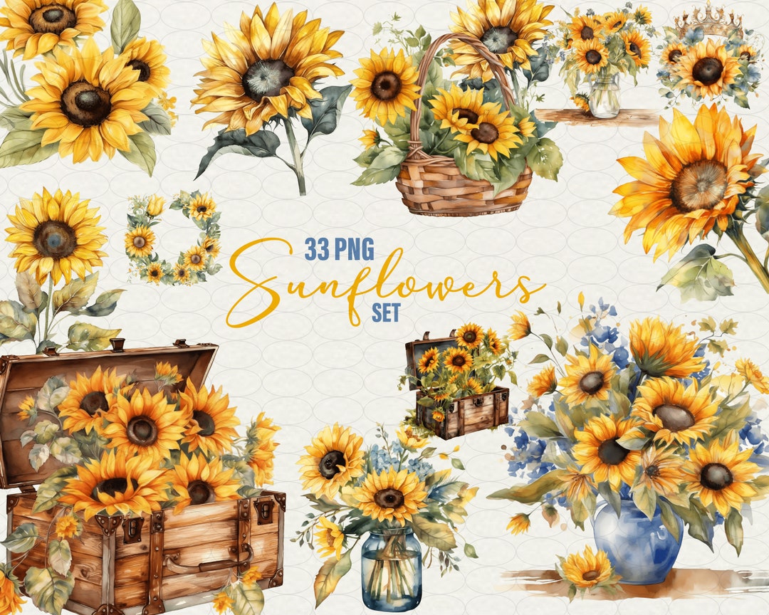 Watercolor Sunflowers Clipart Set 33 PNG for Invitation, Gift Cards ...