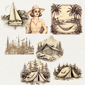 Vintage Travel Clipart, Old Retro Graphics 58 PNG, Retro Camping, Plane ...