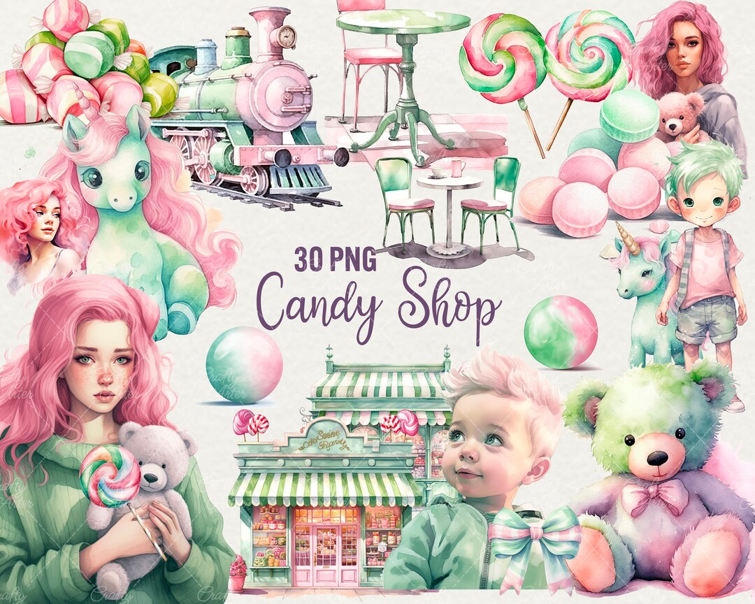 Watercolor Candy Shop Clipart, Pastel Watercolor Clipart 30 PNG ...
