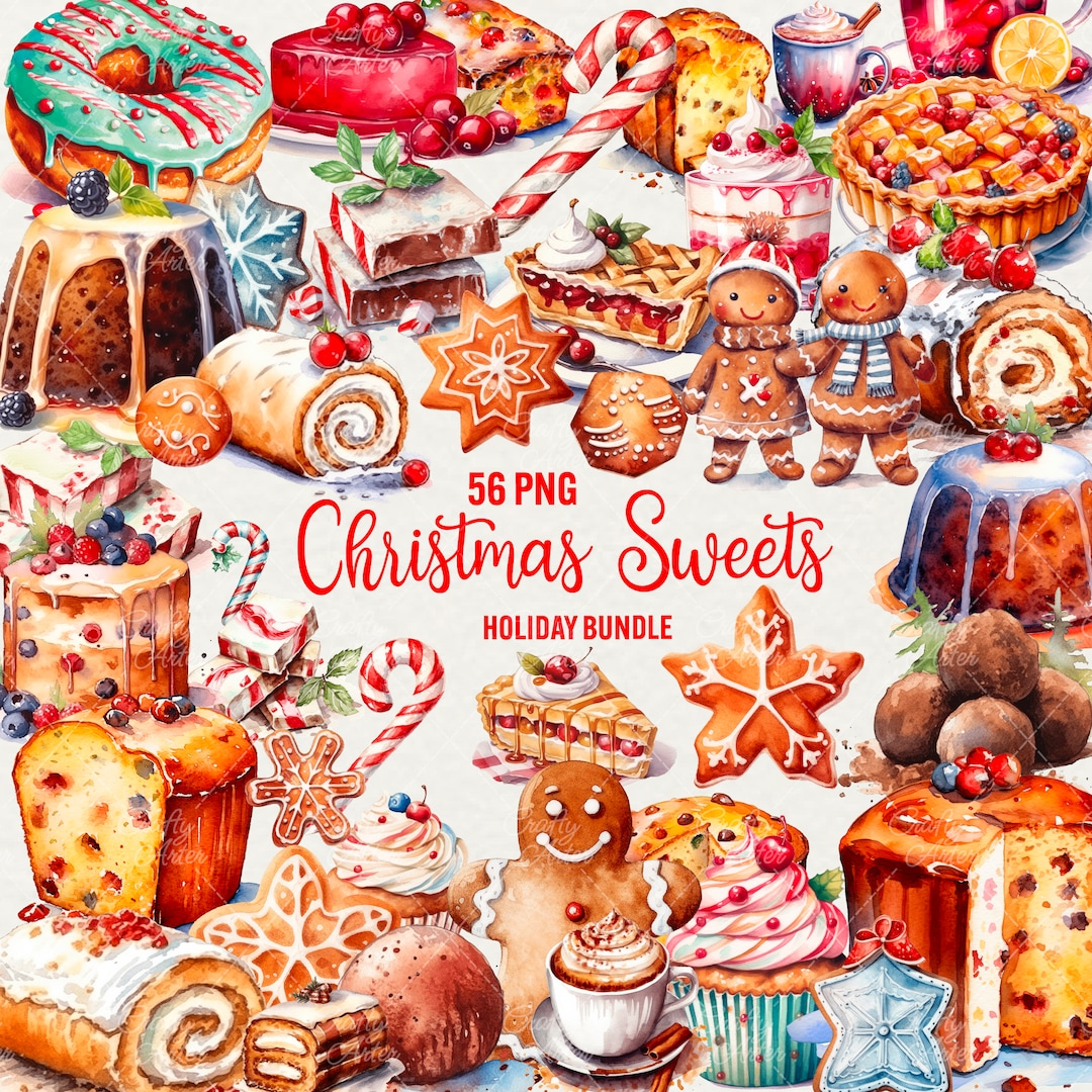 Watercolor Christmas Desserts Clipart Set, 56 Png Christmas Shop ...