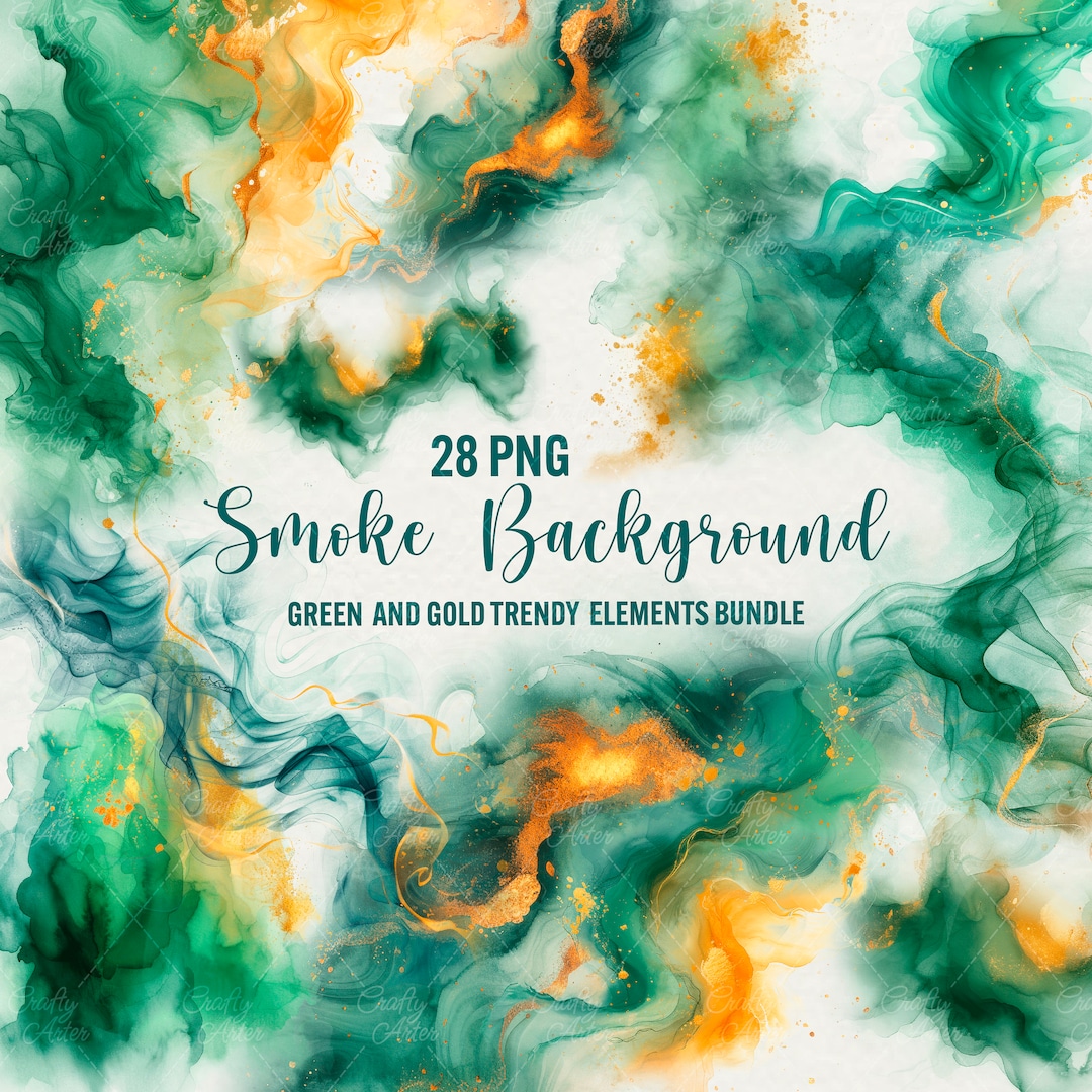 Watercolor Green and Gold Smoke Overlays, 28 Png Emerald Liquid Borders ...