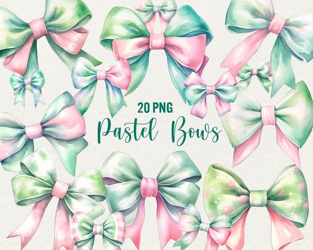 Watercolor Pastel Bows Clipart, 20 Png Bow Clipart Pink Cotton Bows ...