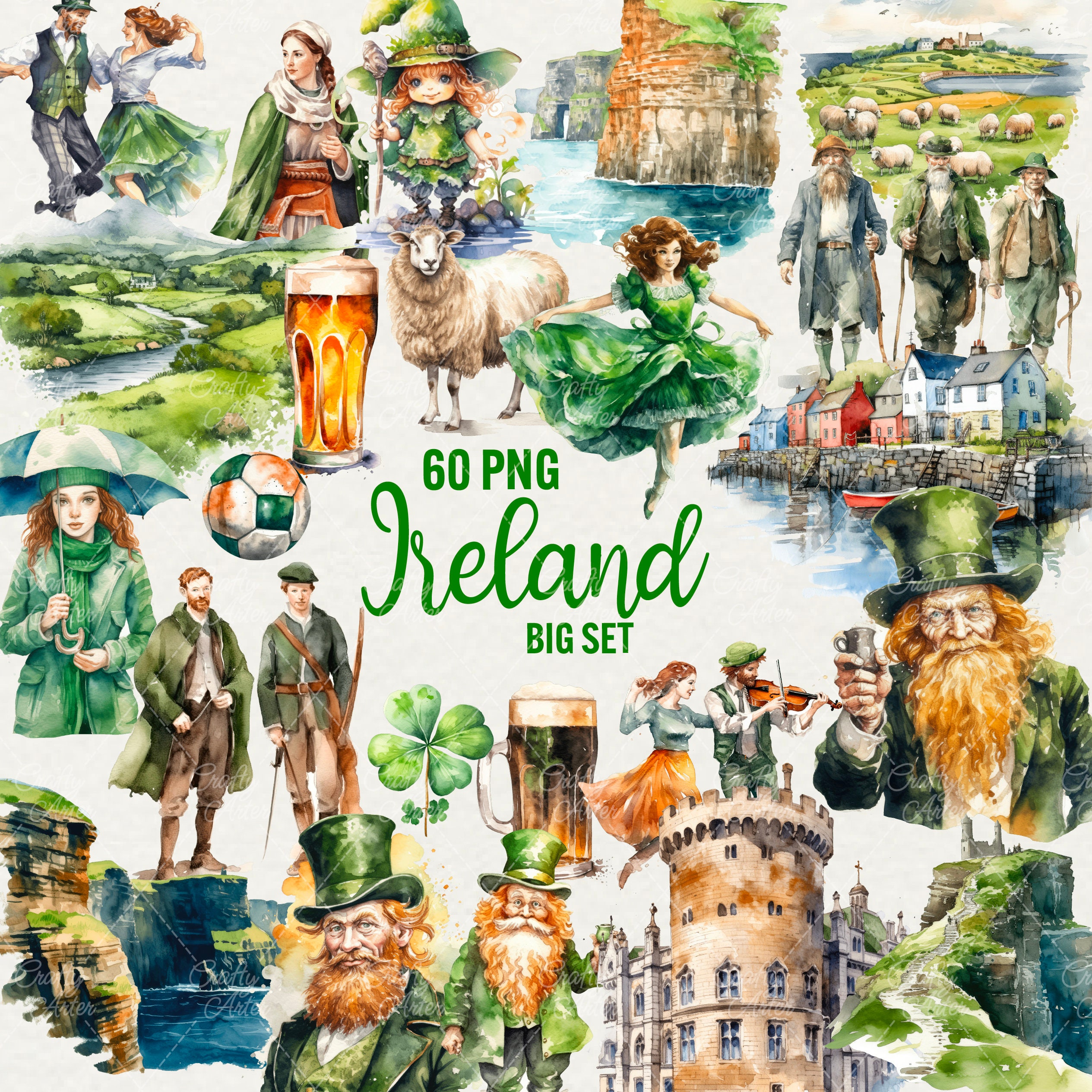 Watercolor Ireland Clipart: Irish Landscapes, Culture (60 PNG) - Etsy