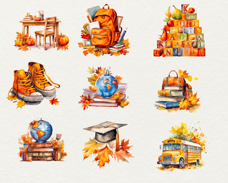 Watercolor Autumn Back to School Clipart Back to School - Etsy