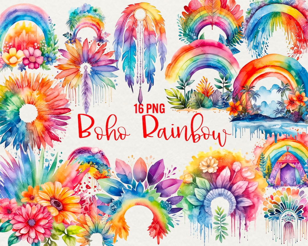 Watercolor Rainbow Clipart, Boho Rainbow Clip Art, Boho Rainbows 16 PNG ...