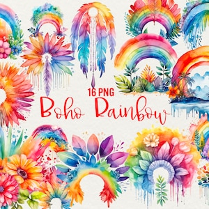 Watercolor Boho Rainbow Clipart: Bright PNG Graphics (commercial Use ...