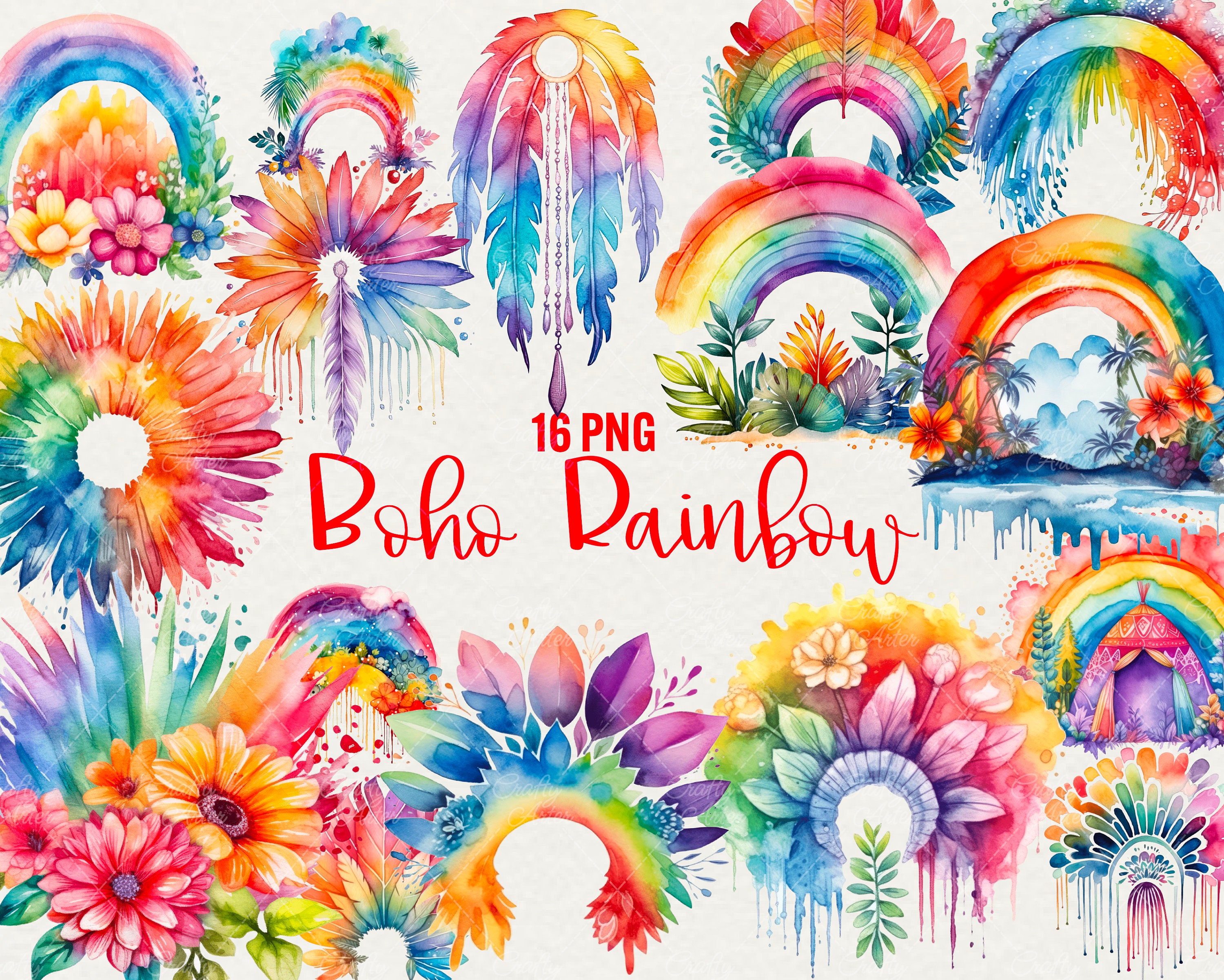 Watercolor Boho Rainbow Clipart: Bright PNG Graphics (commercial Use ...