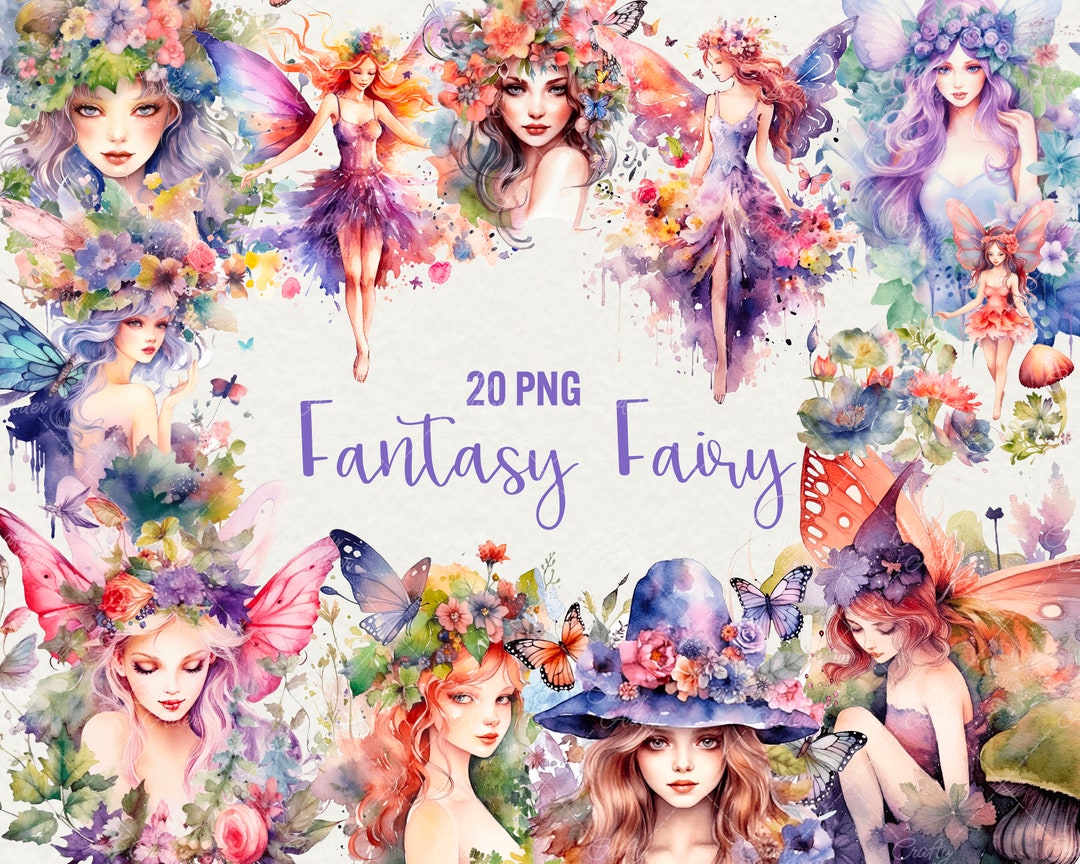 Watercolor Fairy Clipart, 20 PNG Watercolor Fantasy Fairy Floral Magic ...