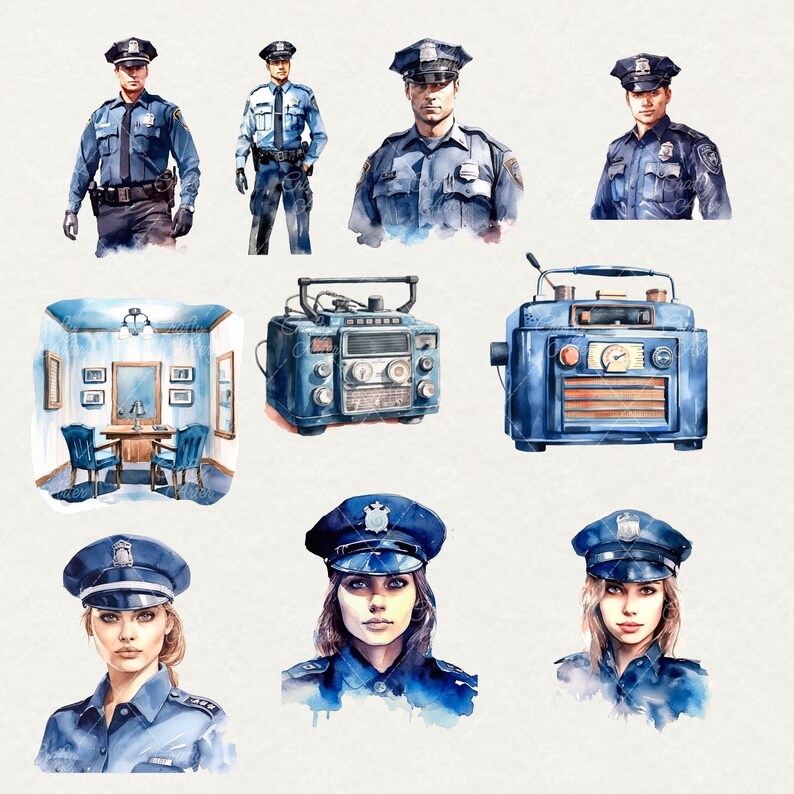 Watercolor Police Clipart Bundle: 68 PNG Illustrations (commercial Use ...