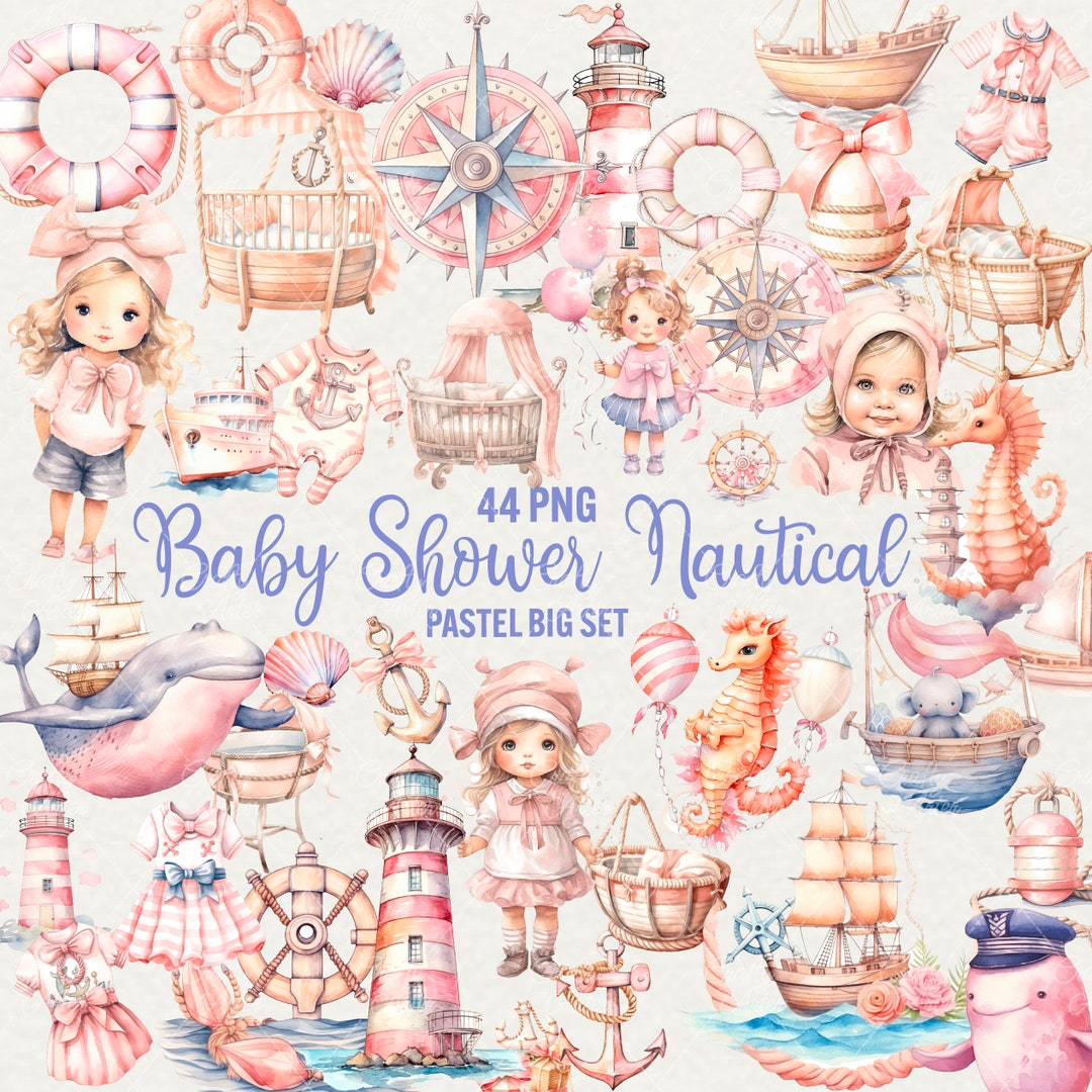 Nautical Baby Shower Clipart, 44 PNG Art Pastel Pink Watercolor Clipart ...