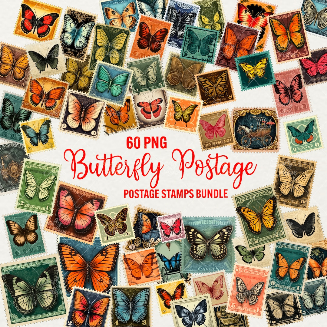 Butterfly Postage Stamps Clipart Bundle, 60 PNG Set, Watercolor Vintage ...