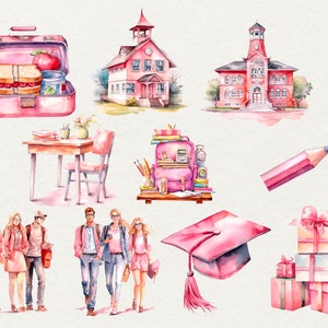 Watercolor School Clipart, Back to School Clipart, Pink School Clipart ...