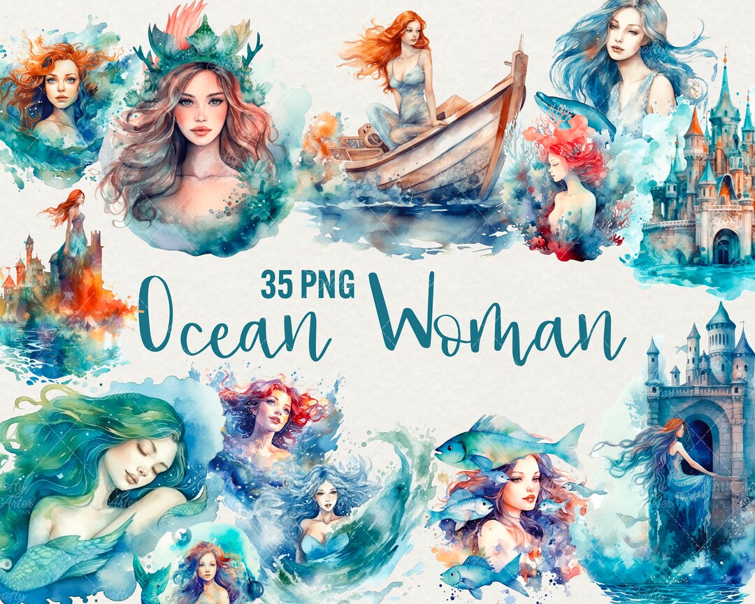 Watercolor Mermaid Clipart: 35 PNG Fantasy Ocean Woman Illustrations ...