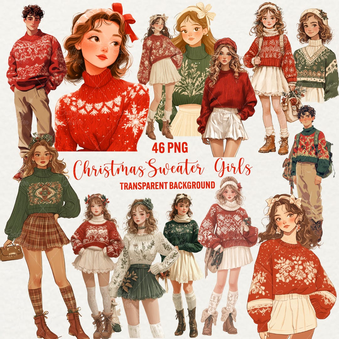 Christmas Sweater Girls Clipart: Watercolor Winter Outfits (PNG) - Etsy